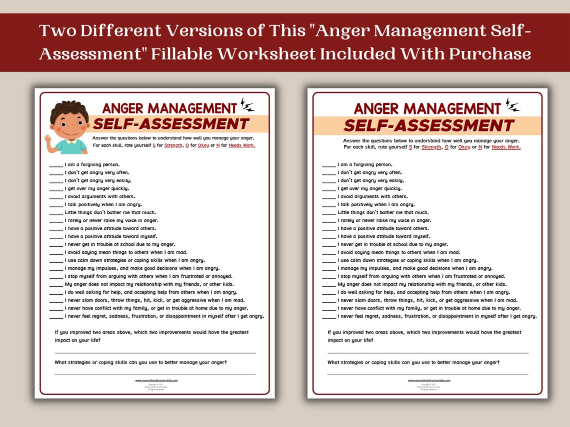 Anger Management Self-assessment Worksheet Kids Teens - Etsy