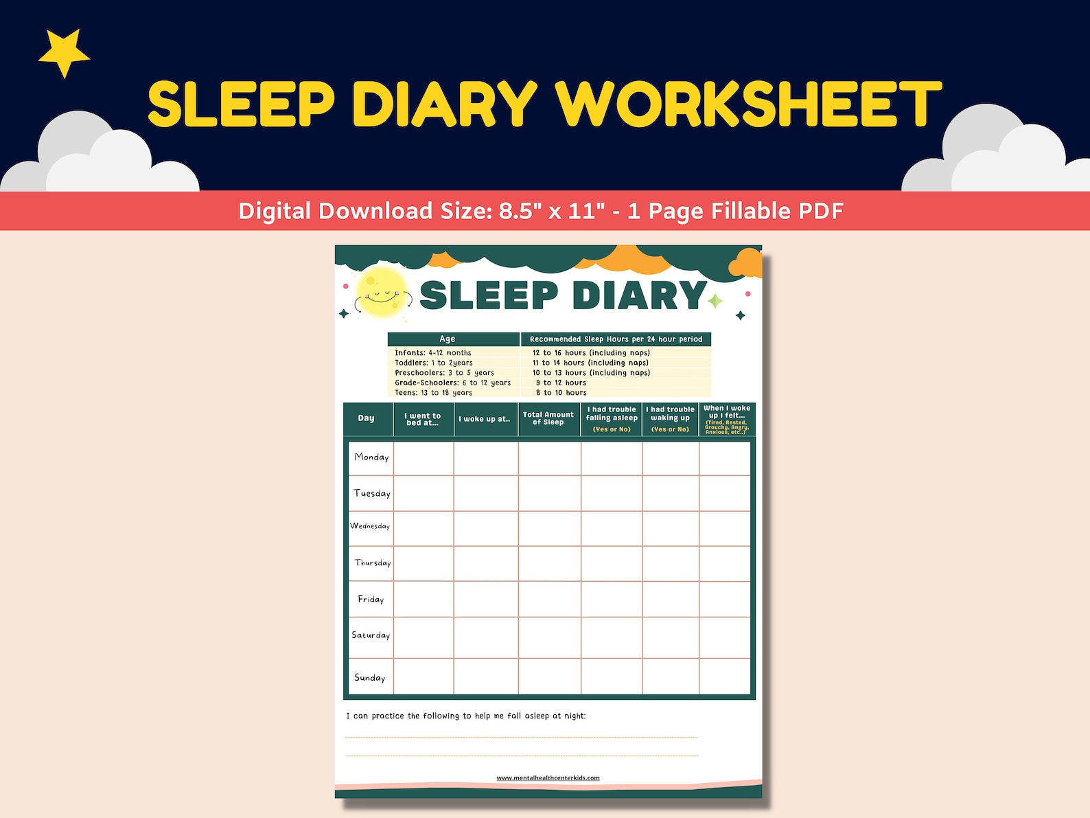 Sleep Hygiene Tracker Printable Worksheets for Kids Teens 3 - Etsy