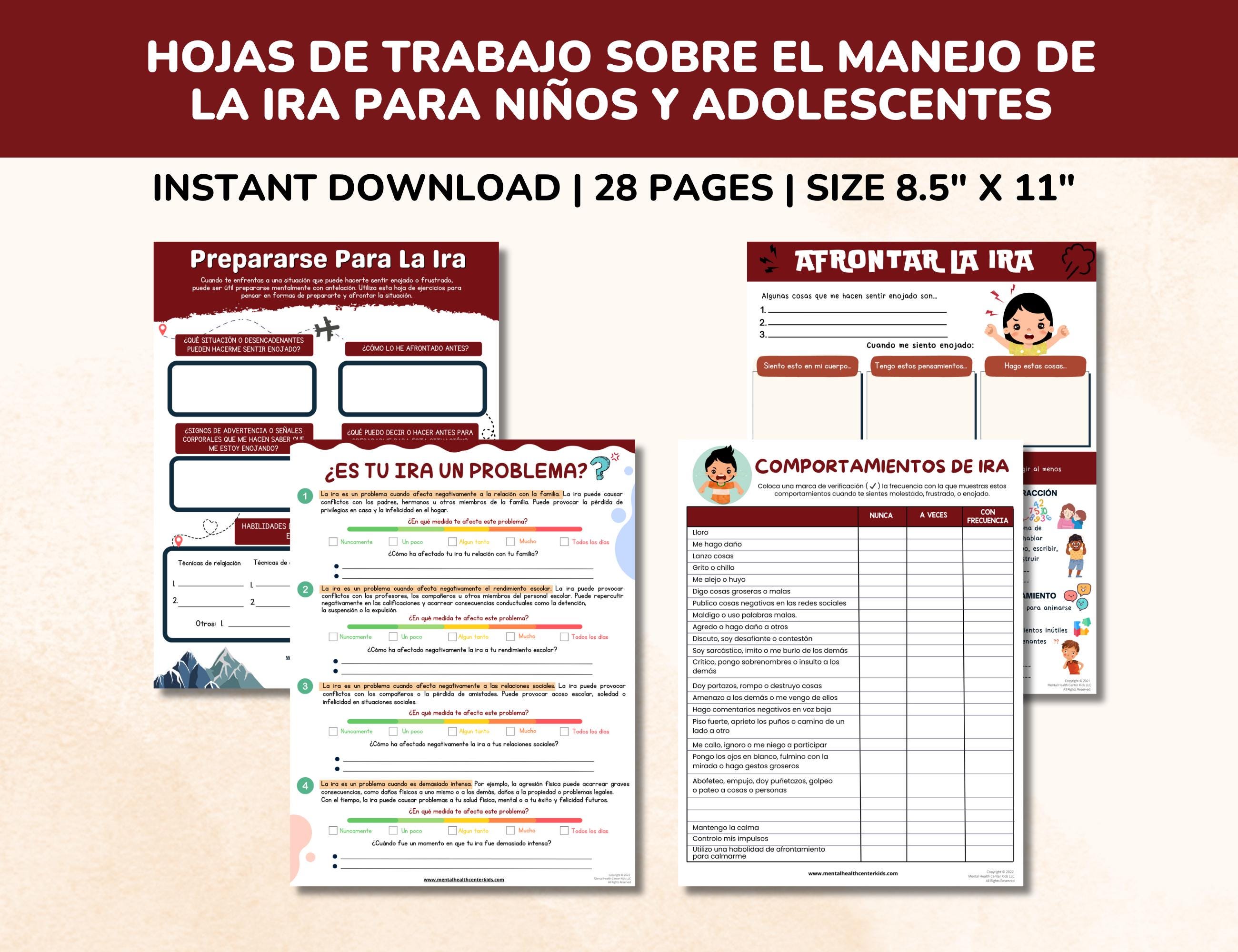 Spanish Anger Management Worksheets 20 Item Bundle for Kids-teens ...