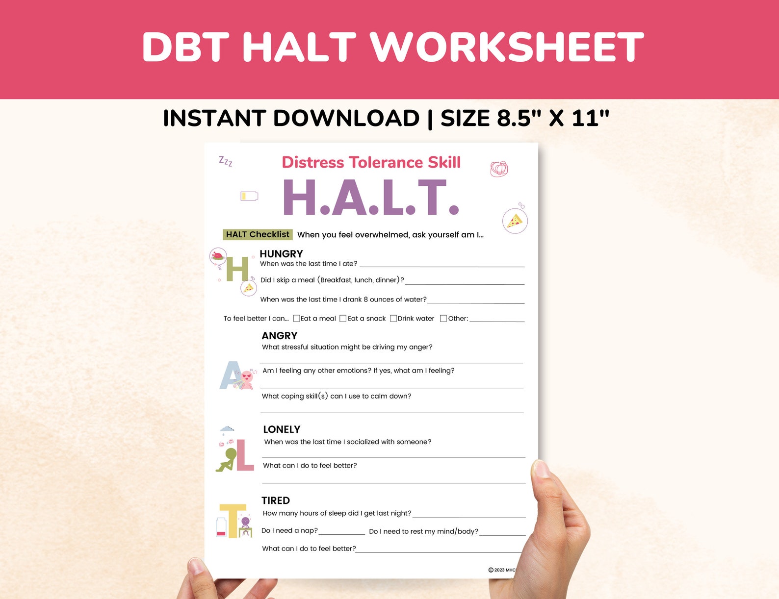 DBT HALT Acronym Worksheets 2-pages-hungry, Angry, Lonely, Tired ...