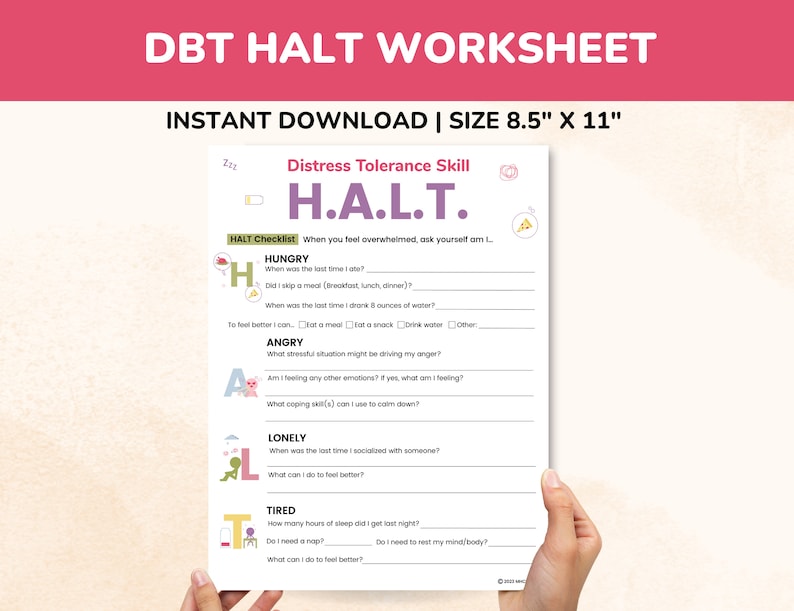 DBT HALT Acronym Worksheets 2-pages-hungry, Angry, Lonely, Tired ...