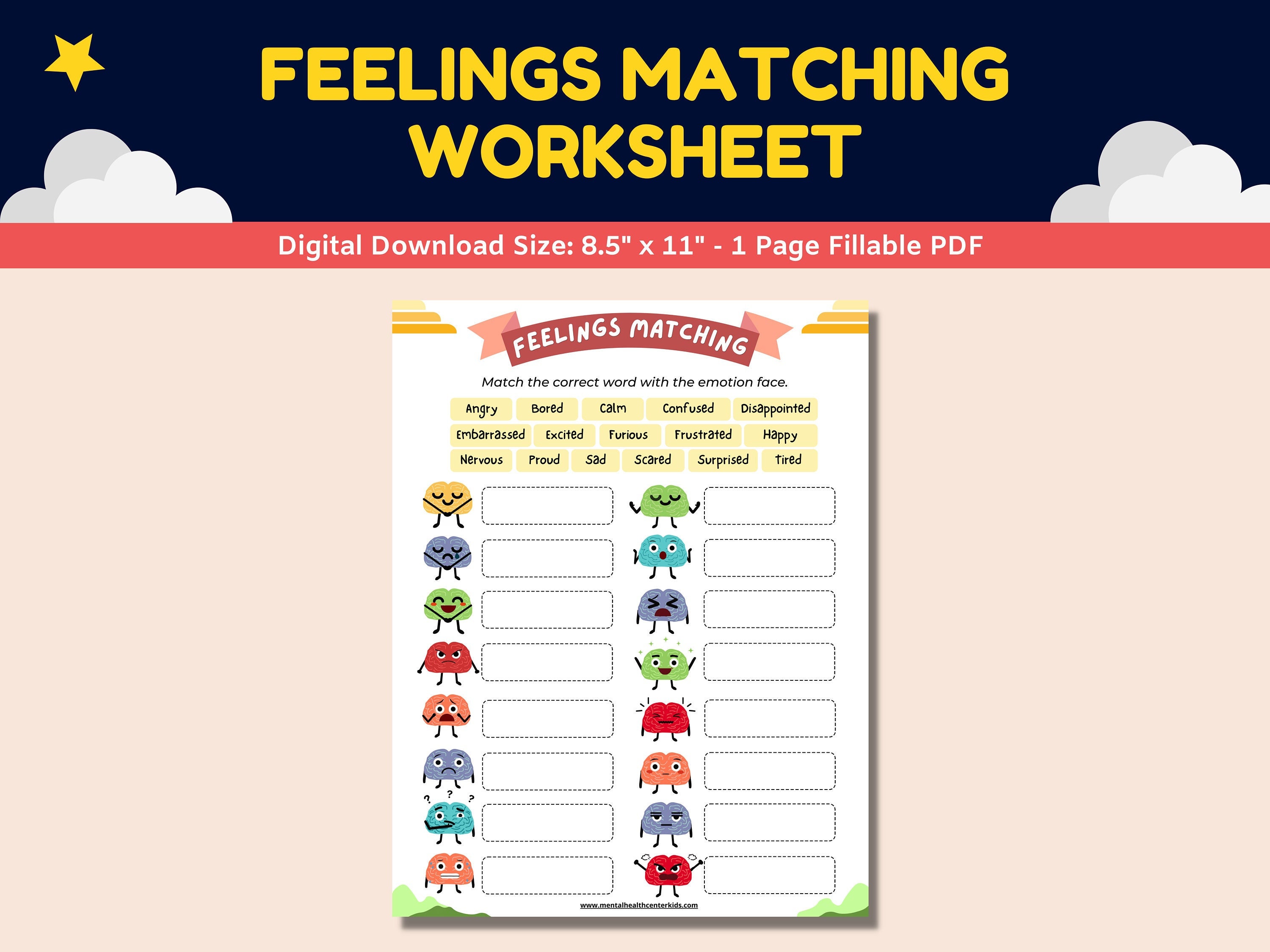 Identifying Feelings & Emotions Matching Worksheet for | Etsy