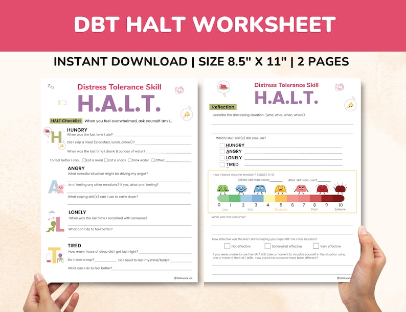 DBT HALT Acronym Worksheets 2-pages-hungry, Angry, Lonely, Tired ...