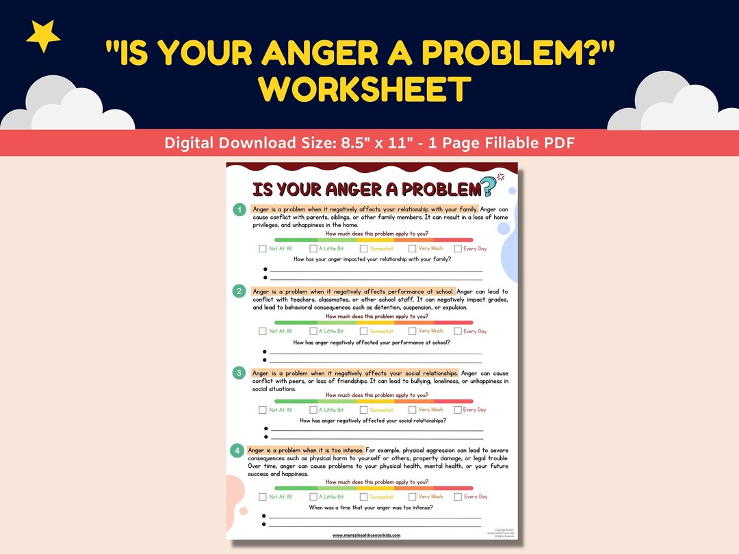 Anger Management Worksheet Kids Teens Children Adolescents - Etsy