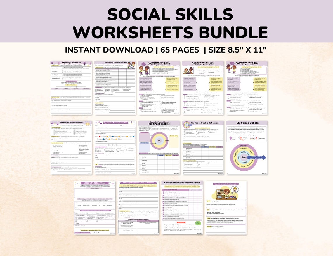 Social Skills Worksheets Bundle for Kids-teens-students-65 Pages ...
