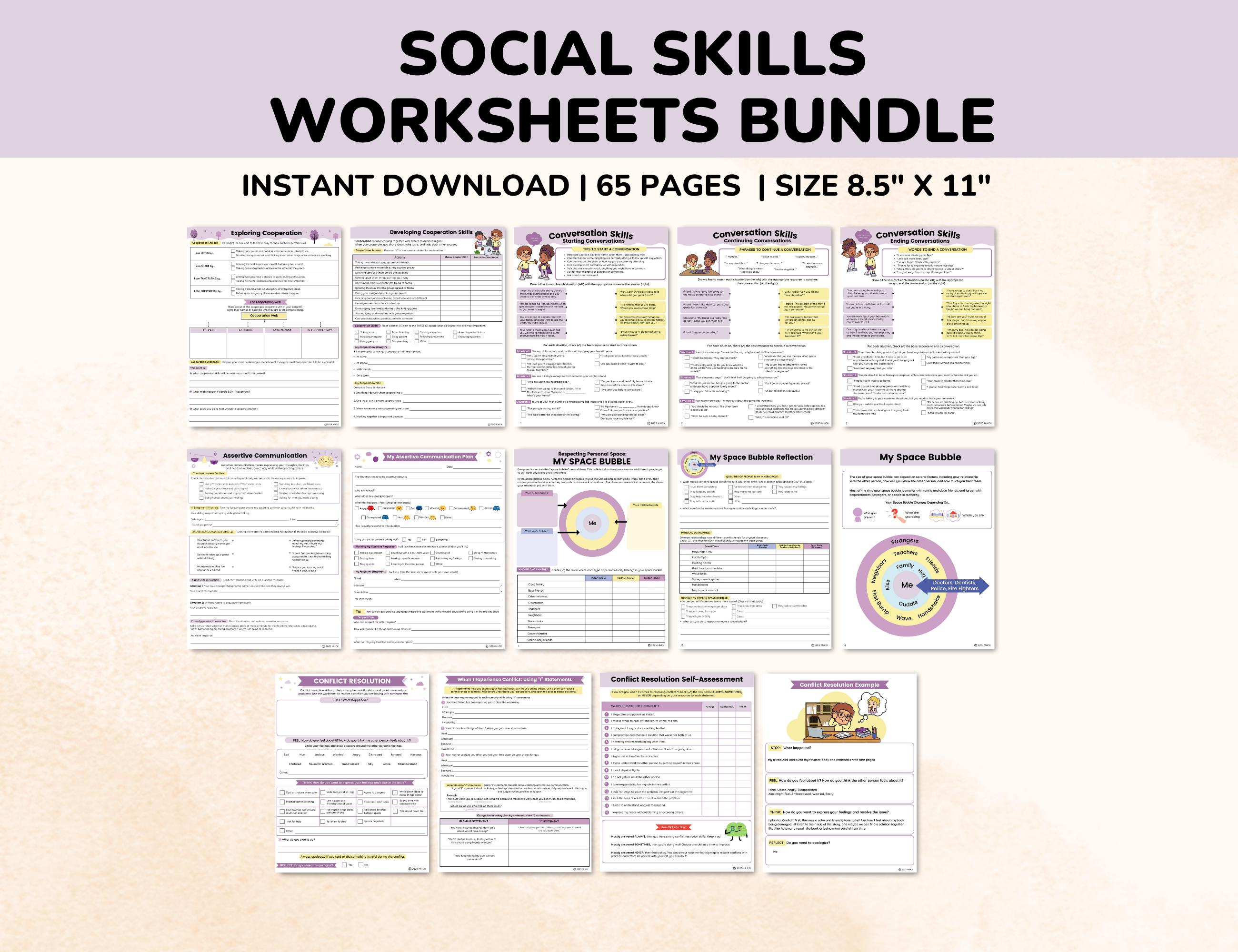 Social Skills Worksheets Bundle for Kids-teens-students-65 Pages ...