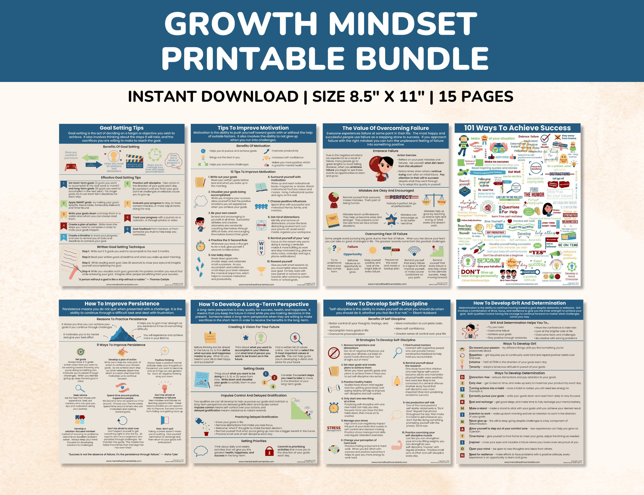 Growth Mindset Printable Poster Bundle for Kids-teens-15 Pages-teacher ...