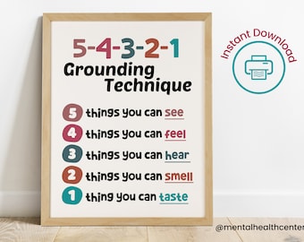 54321 Grounding Technique Poster Rainbow Grounding Printable Wall Art Kids School Counselor ...