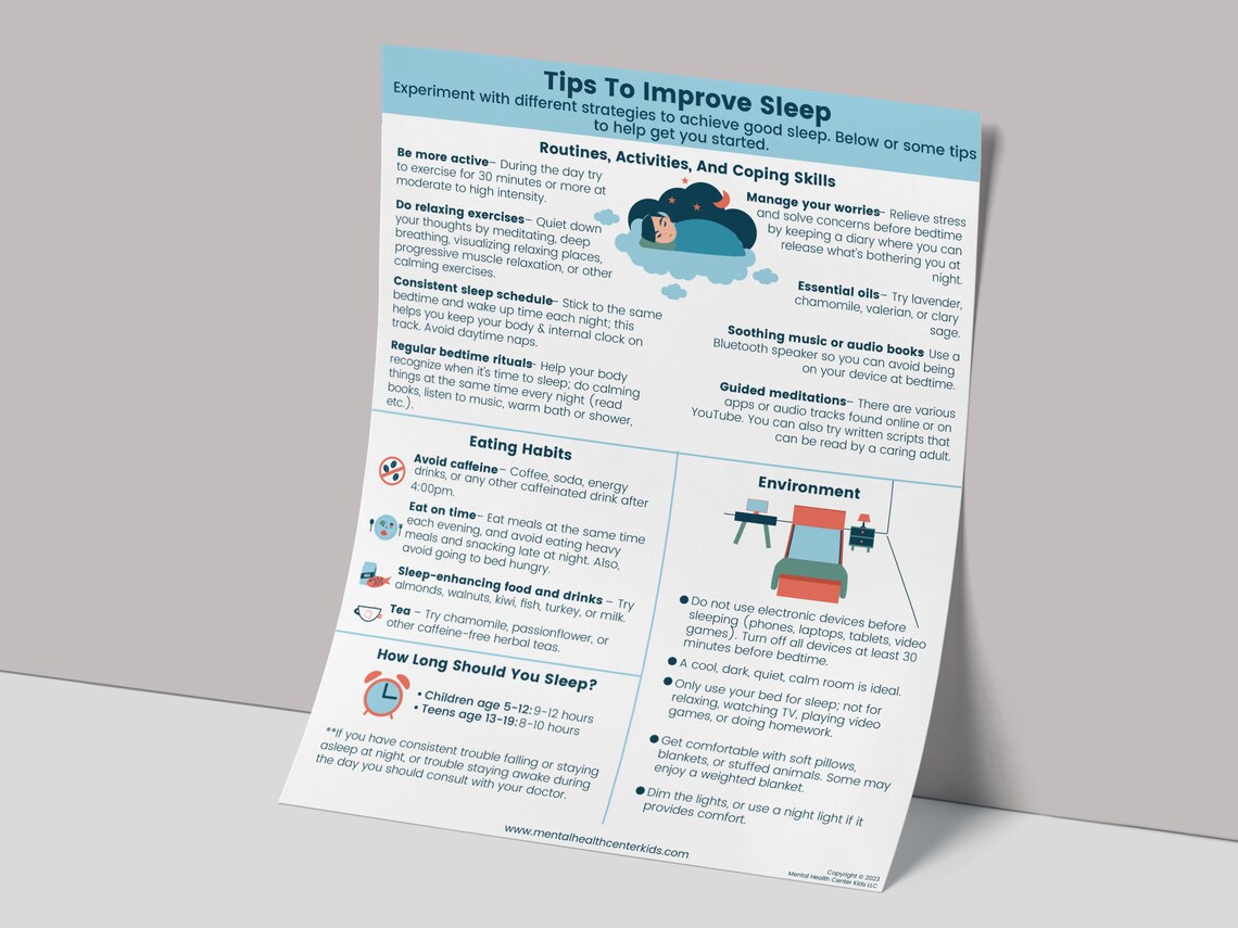Tips to Improve Sleep Hygiene Printable Therapy Poster, Sleep Chart for ...