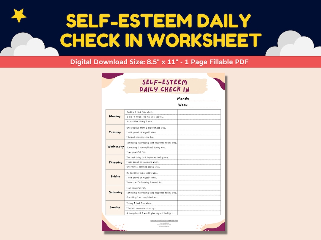 Self-esteem Daily Check in Printable Worksheet for Kids Teens Growth ...