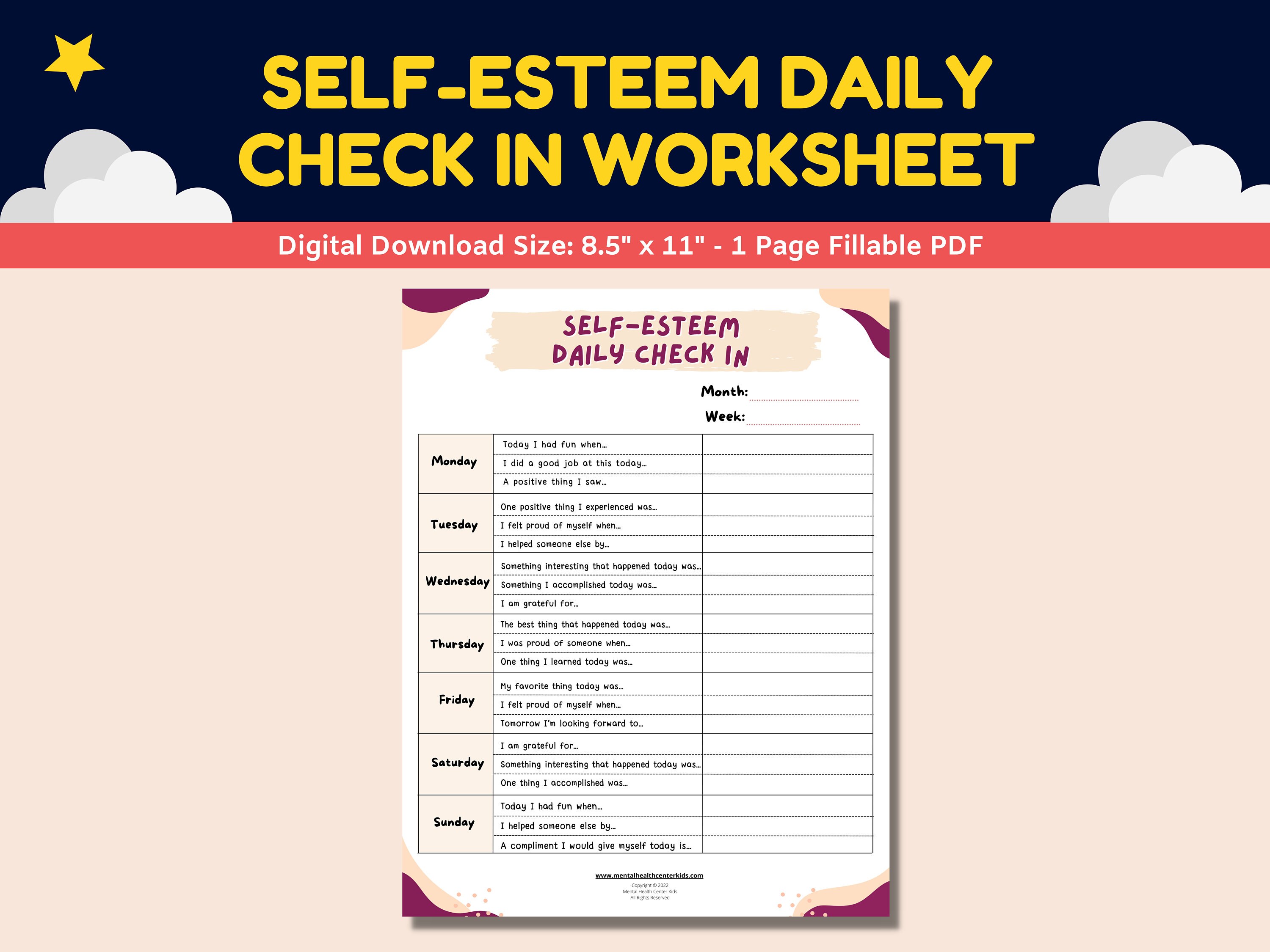 Self-esteem Daily Check in Printable Worksheet for Kids Teens Growth ...