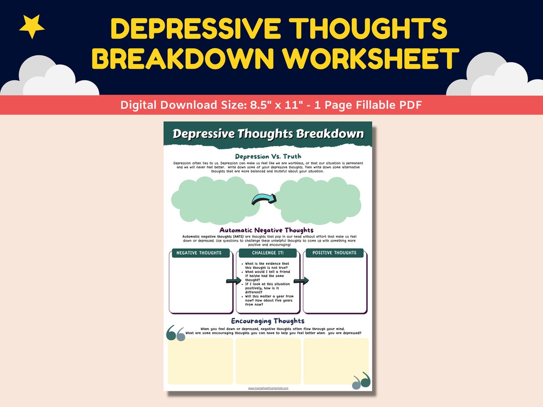 Depressive Thoughts CBT Fillable Worksheet Kids Teens-printable Child ...