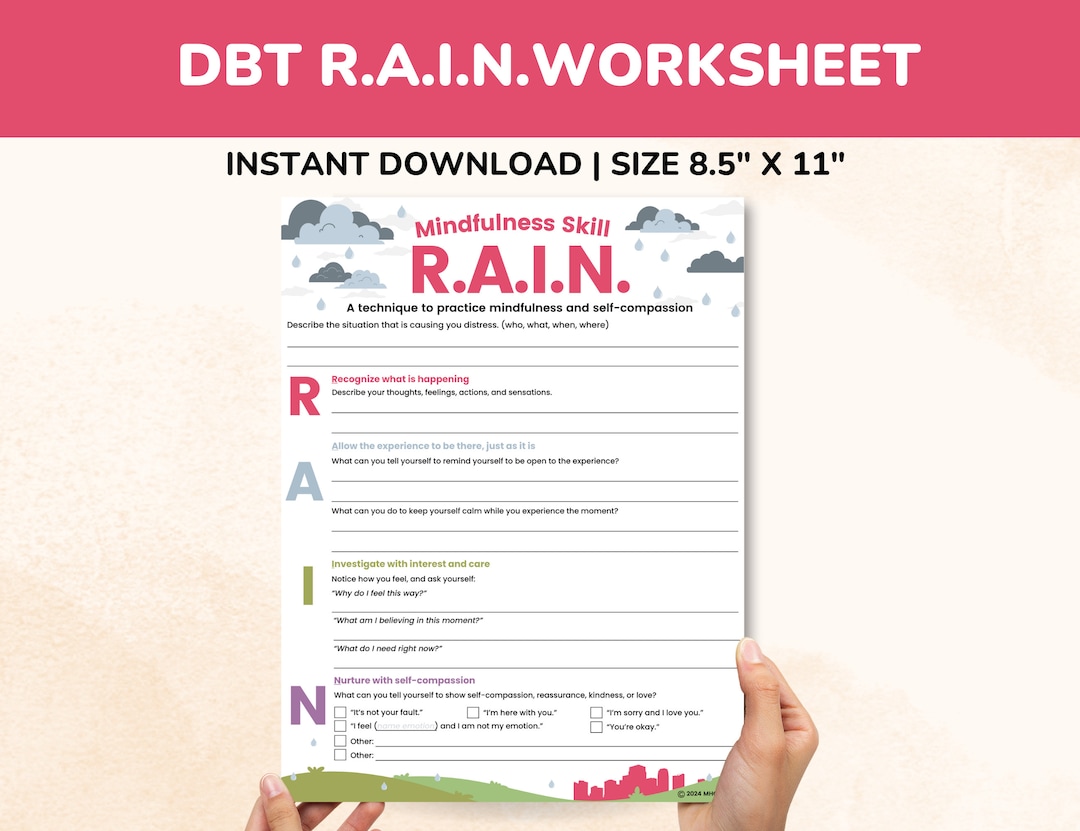 DBT RAIN Skill Worksheet-rain Mindfulness Worksheet-mindfulness Skills ...