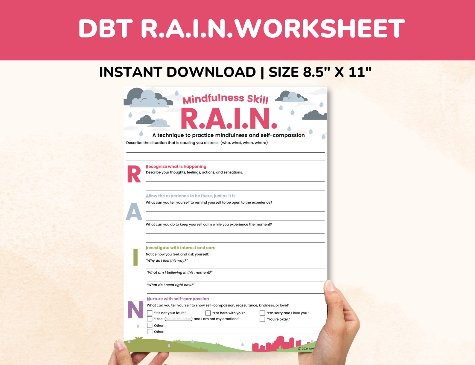 DBT RAIN Skill Worksheet-rain Mindfulness Worksheet-mindfulness Skills ...