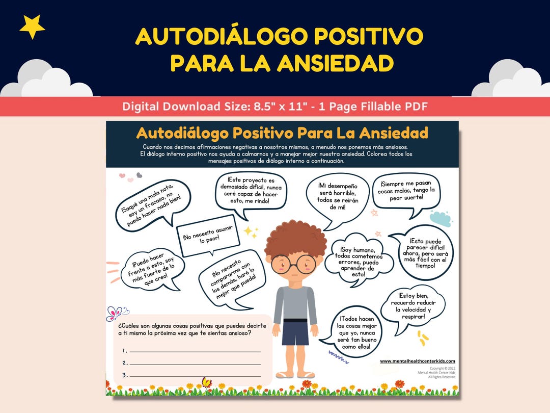 Spanish Anxiety Worksheet for Kids-teens - Autodialogo Positivo Para La ...