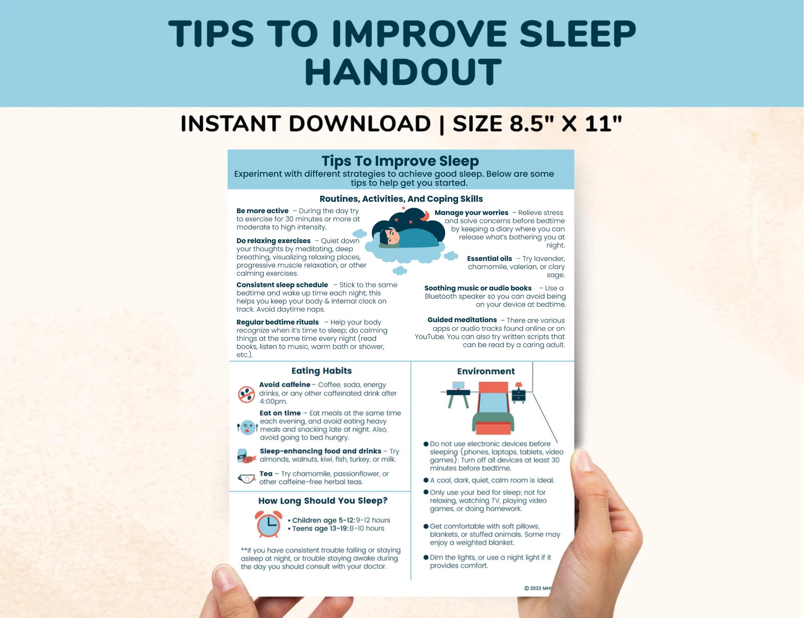 Tips to Improve Sleep Hygiene Printable Therapy Poster, Sleep Chart for ...