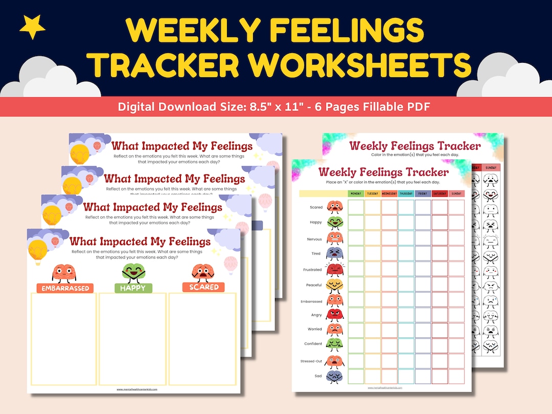 Weekly Feelings Tracker Emoji Worksheets 6 Page Set-identifying ...