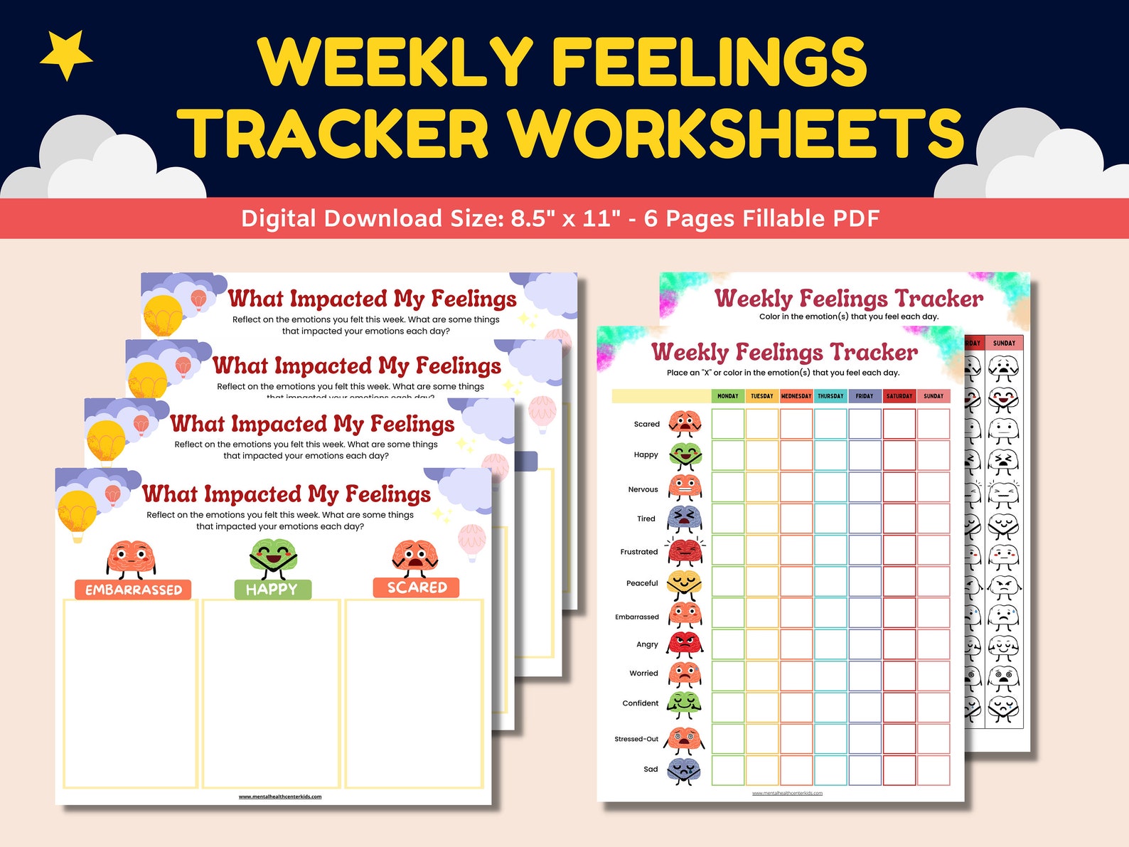 Weekly Feelings Tracker Emoji Worksheets 6 Page Set-identifying ...