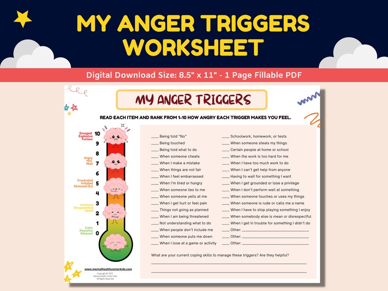 Anger Triggers Fillable Worksheet Kids Children With Anger Thermometer ...