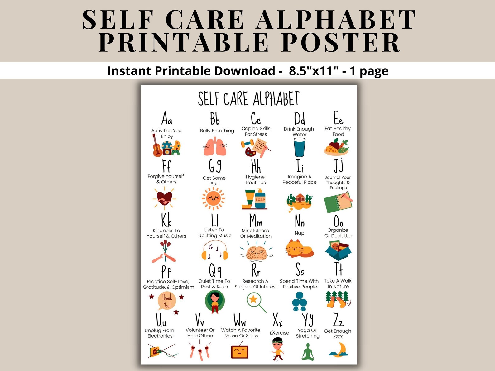 Self Care Coping Skills Alphabet Printable Poster ABC | Etsy