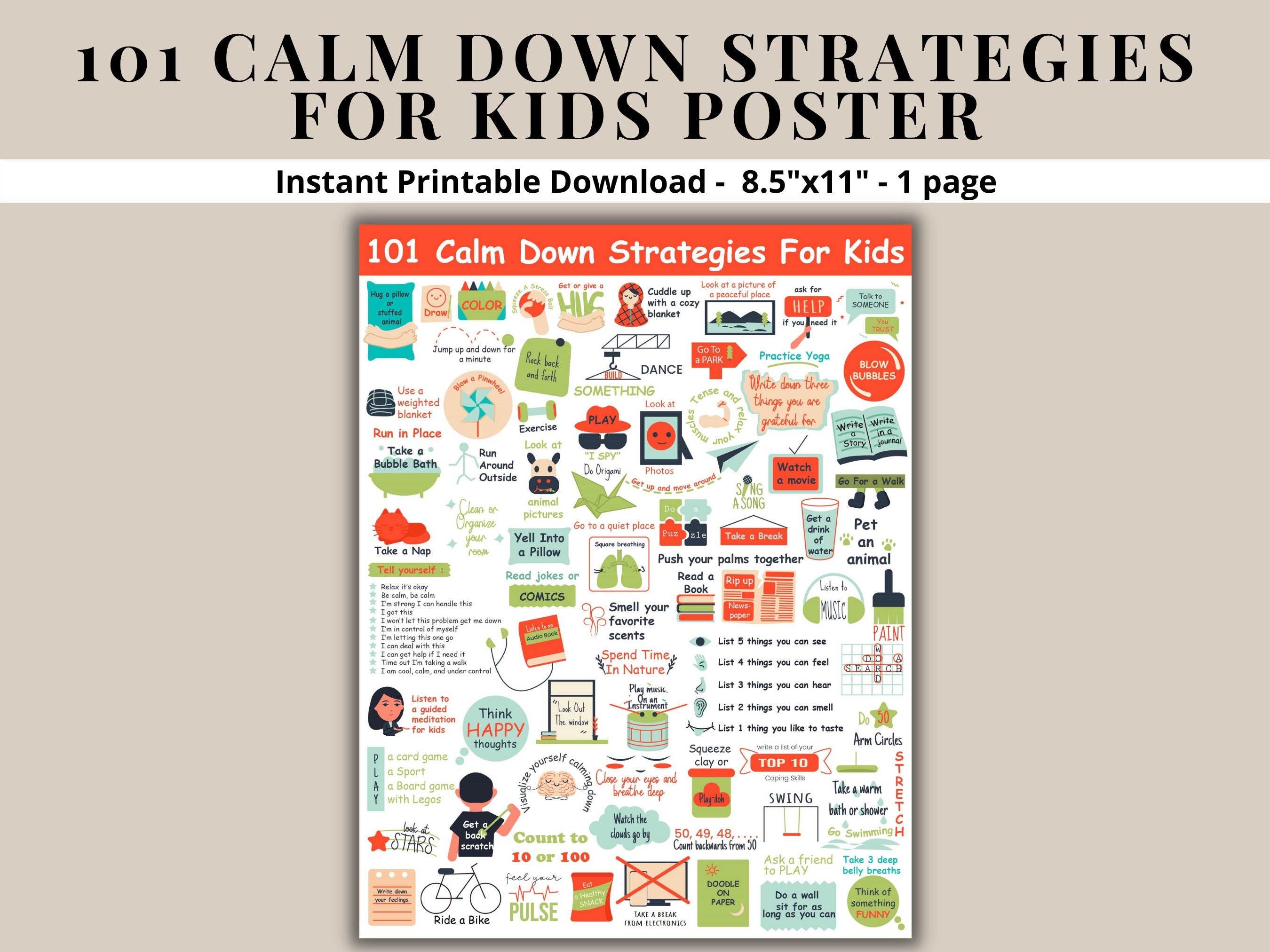 101 Calm Down Strategies For Kids Printable Poster Emotional | Etsy