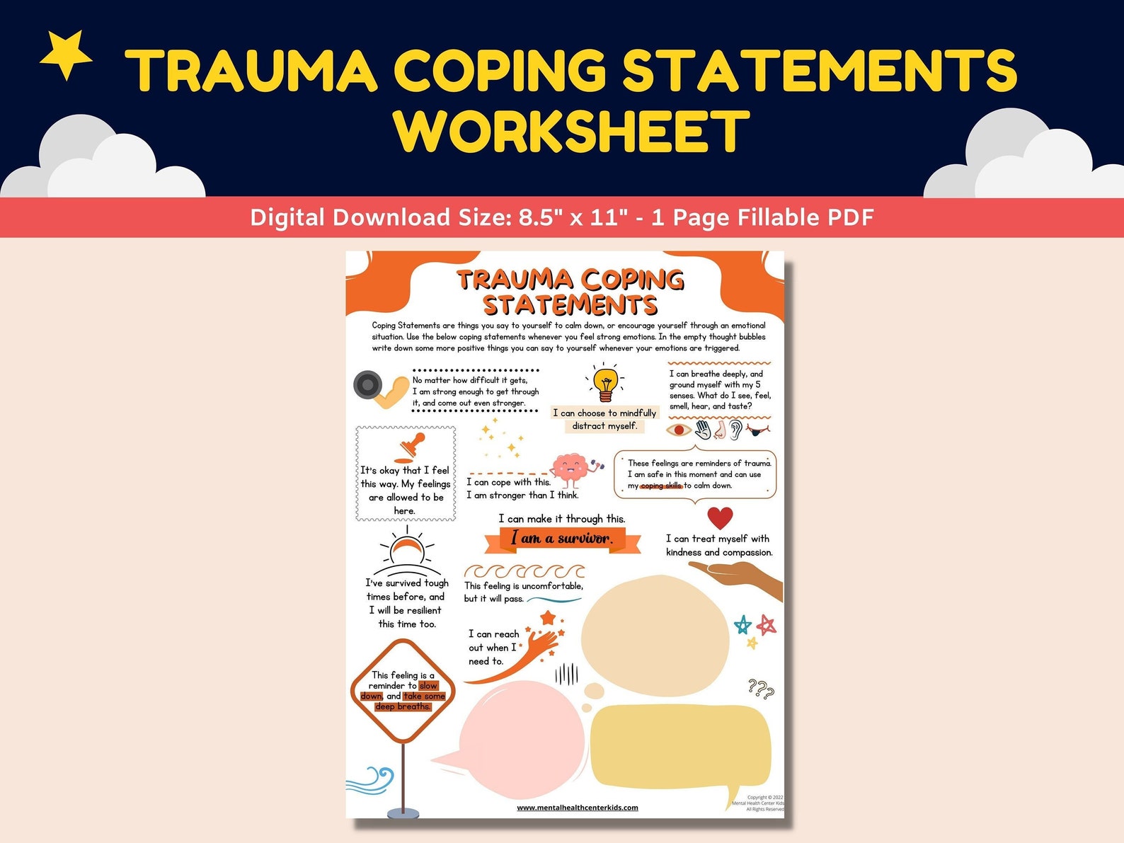 PTSD Trauma Coping Statements Worksheet Kids Teens Stress | Etsy