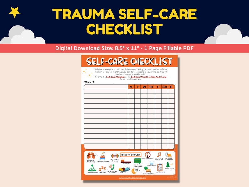 Self-care Checklist Worksheet Trauma PTSD Therapy Kids Teens Young ...
