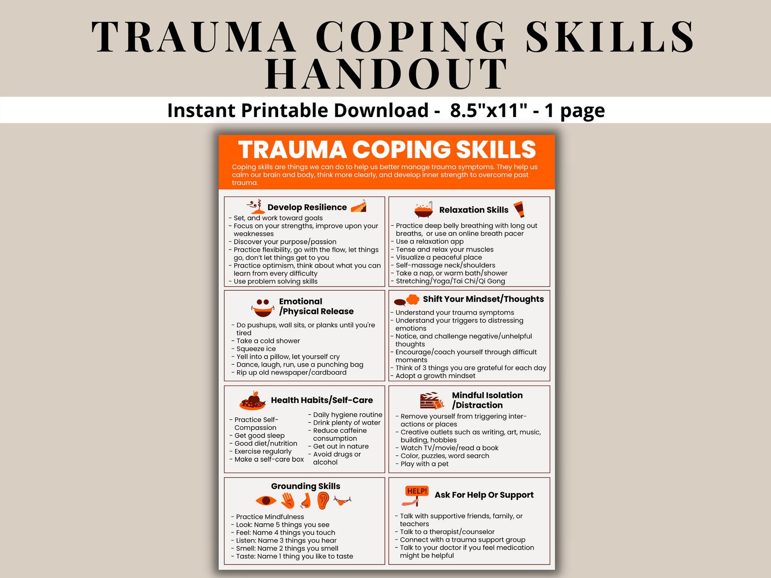 PTSD Coping Skills Printable Trauma Coping Skills Poster PTSD - Etsy