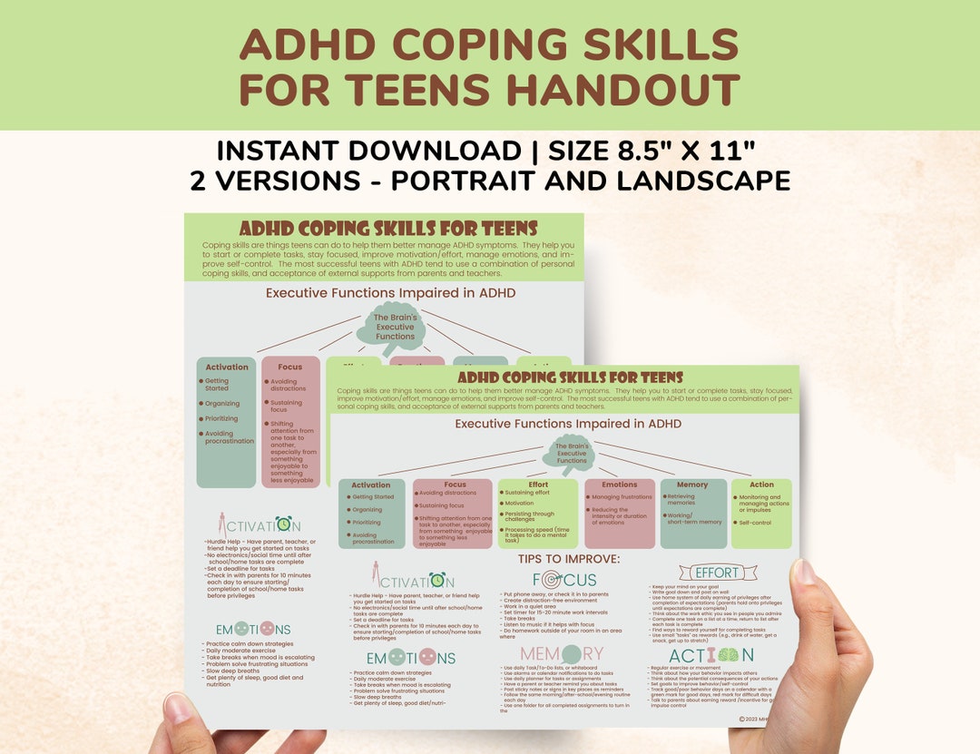 ADHD Coping Skills Printable Handout Poster for Teens - Executive ...