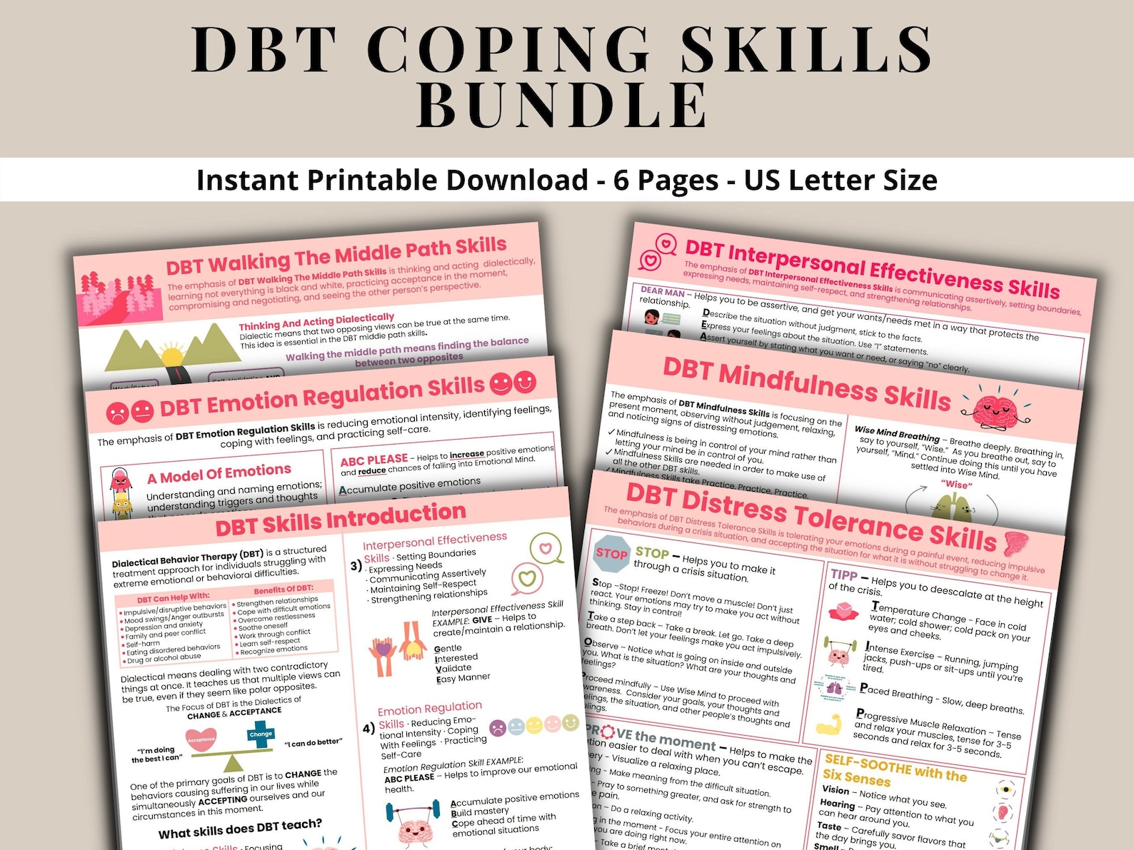 DBT Bundle Coping Skills Printable Poster Handout Cheat Sheet - Etsy