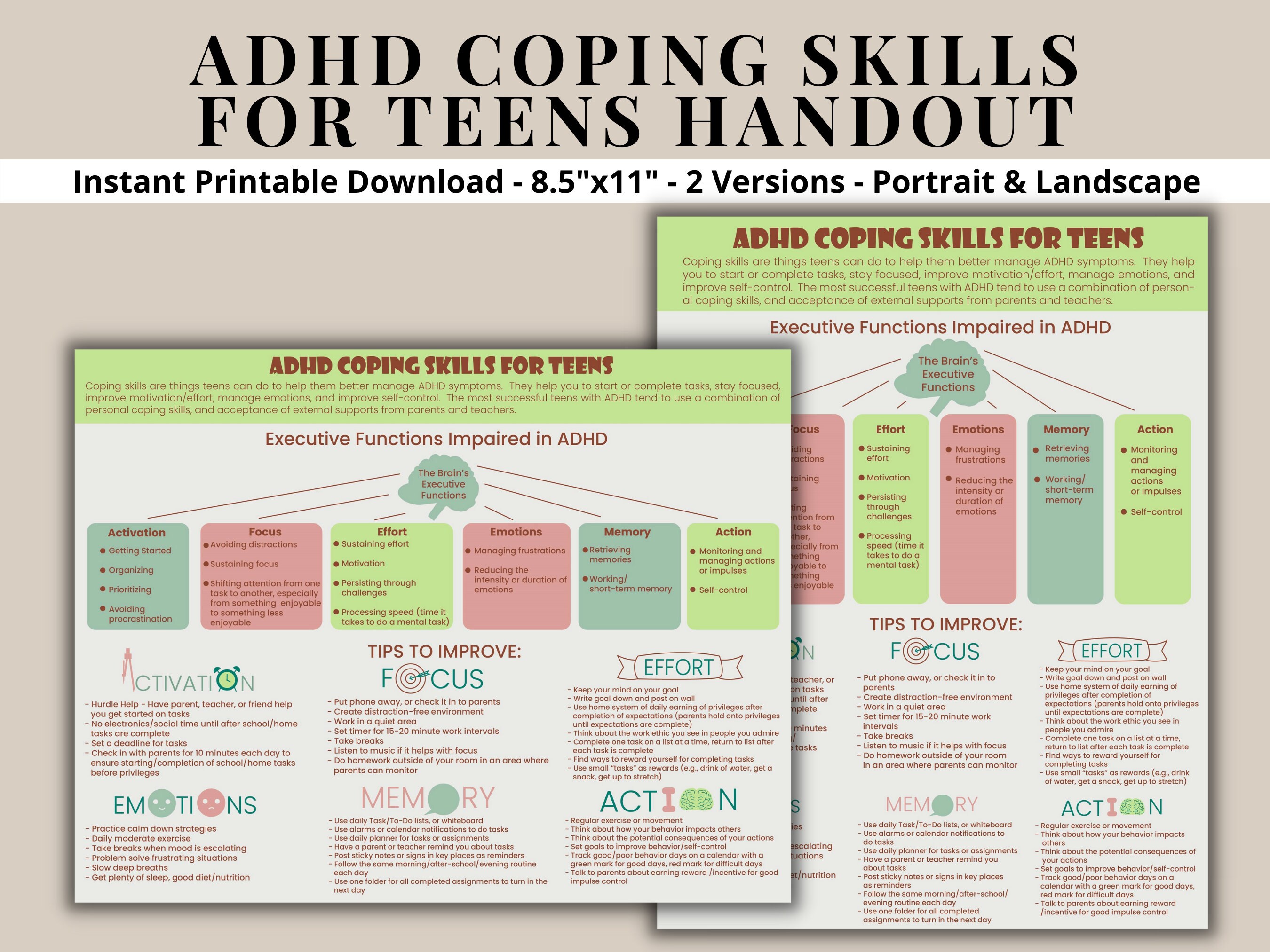 ADHD Coping Skills Printable Handout Poster For Kids Executive 