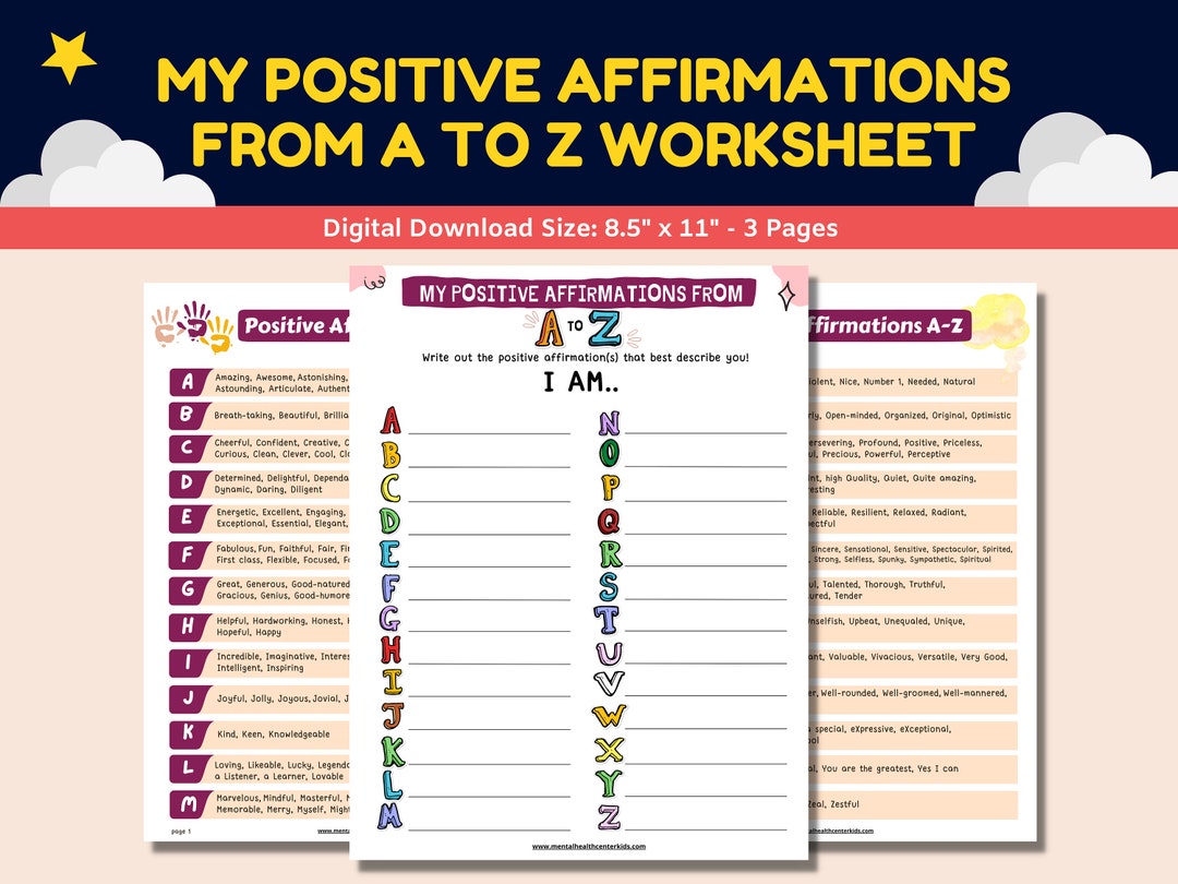 My Positive Affirmations From A-Z Self-esteem Fillable Worksheet for ...