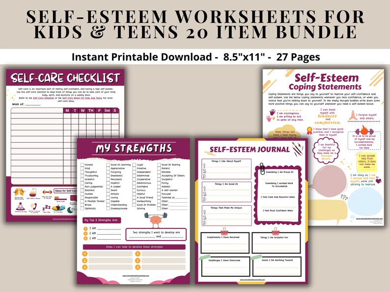 Self-esteem Worksheets 20 Item Printable Bundle for Kids & | Etsy