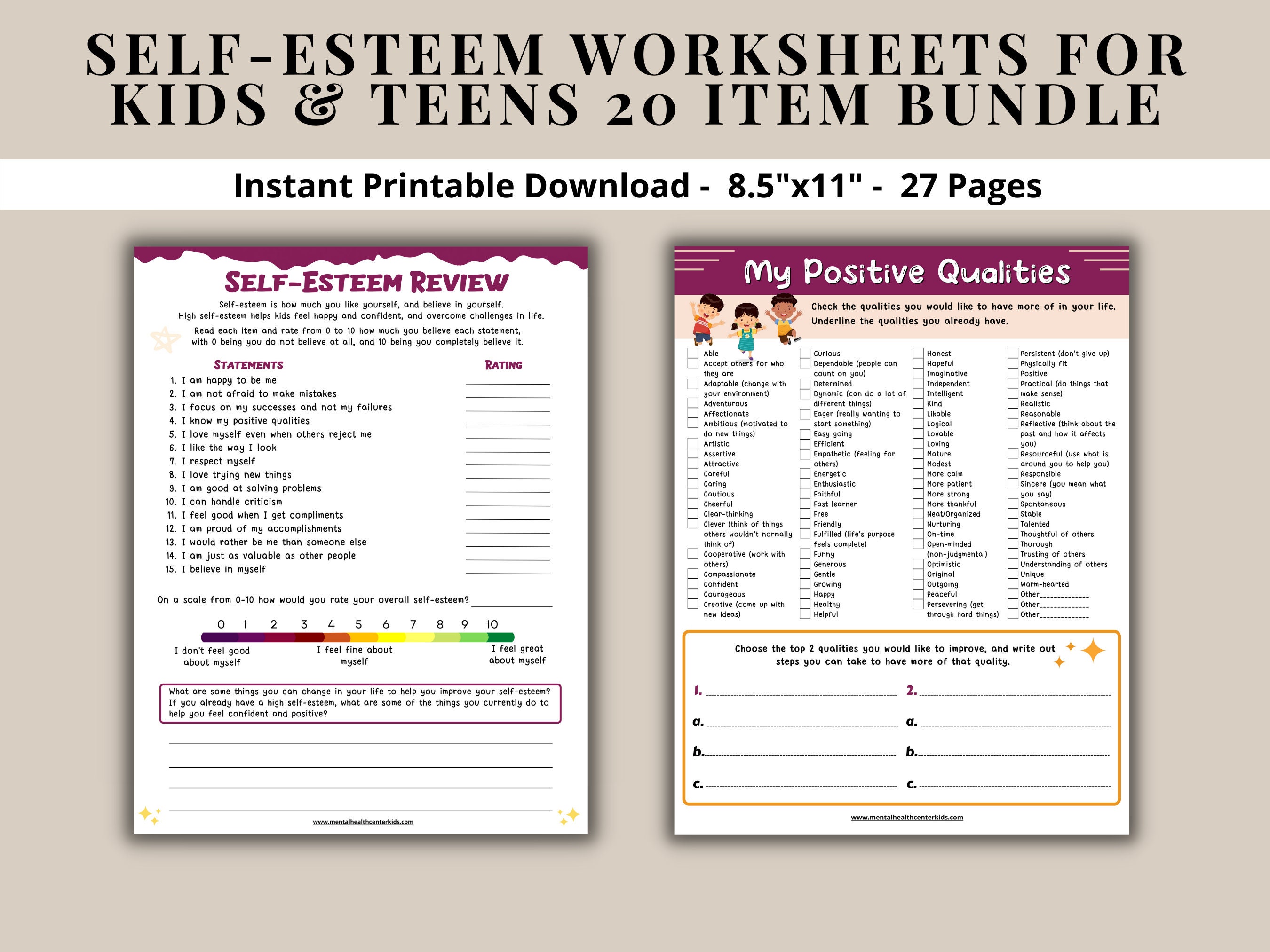Self-esteem Worksheets 20 Item Printable Bundle for Kids & - Etsy