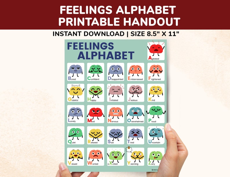 Feelings Alphabet Emotions Printable Poster Chart for Kids Teens - ABC ...