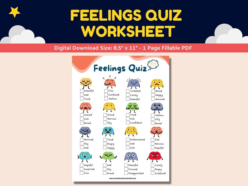 Feelings Quiz Emoji Worksheet-identifying Feelings & Emotions - Etsy