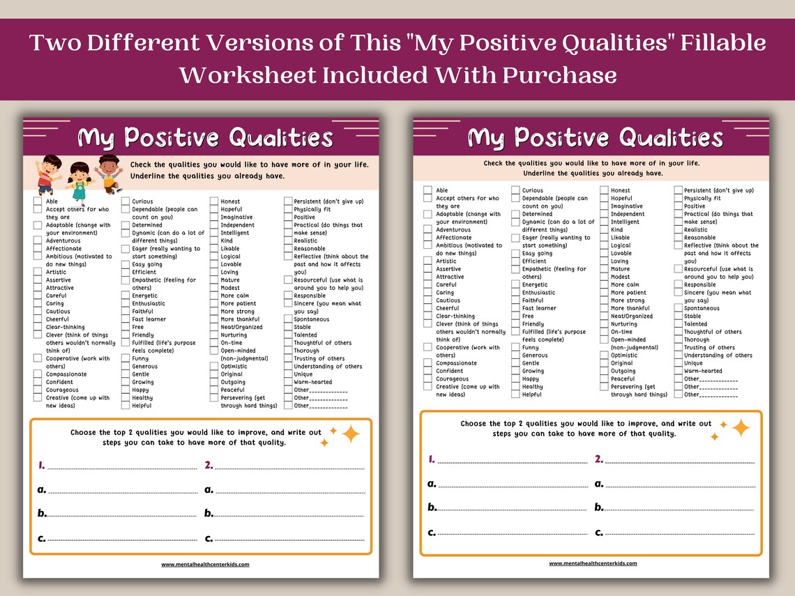 My Positive Qualities Self-esteem Worksheet for Kids Teens Self ...