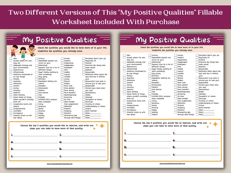 My Positive Qualities Self-esteem Worksheet for Kids Teens Self ...