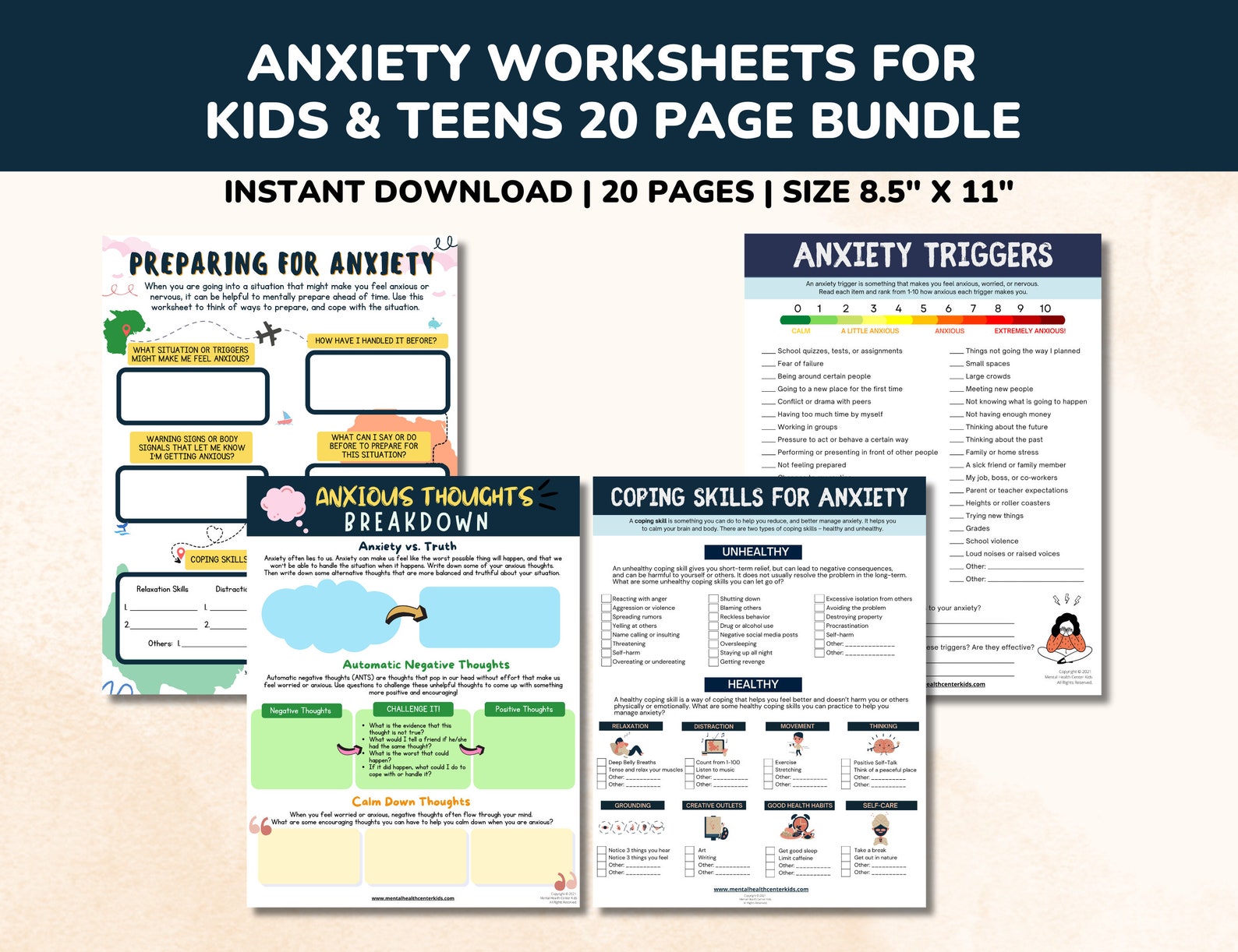 Anxiety Worksheets 20 Pg Printable Bundle for Kids & Teens-child ...