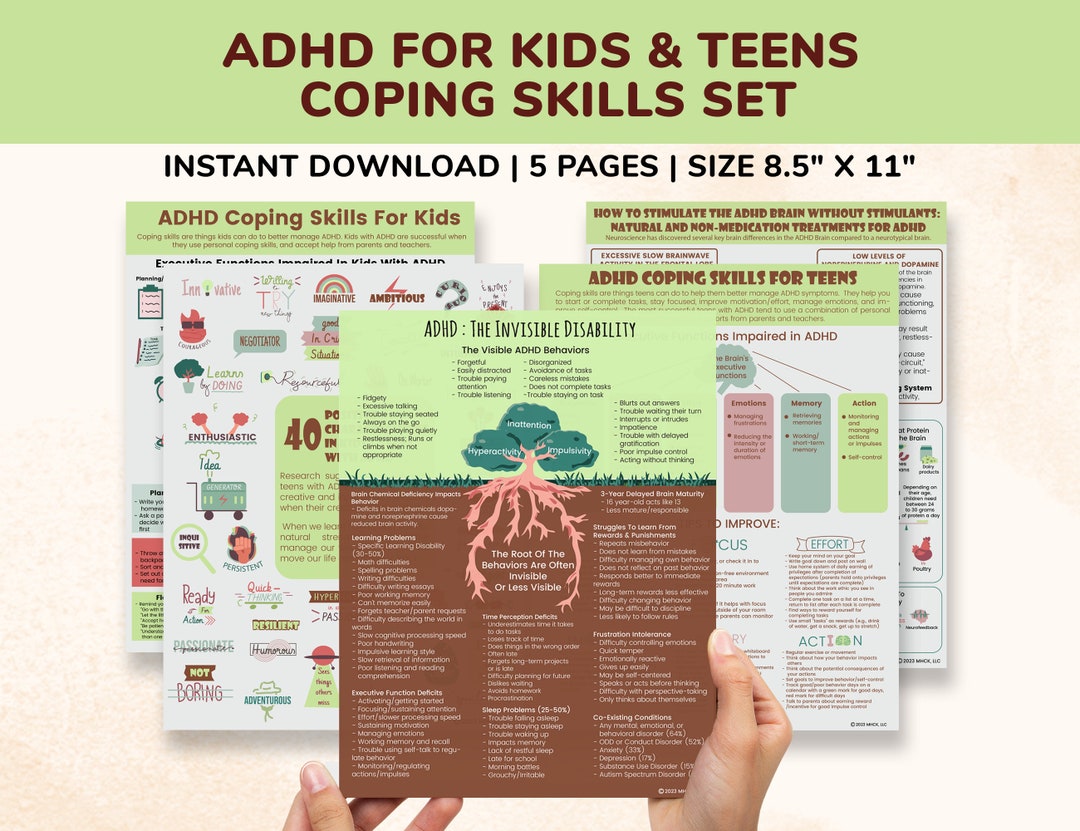 ADHD Printable Handouts 5 Page Set for Kids & Teens-child Therapy ...
