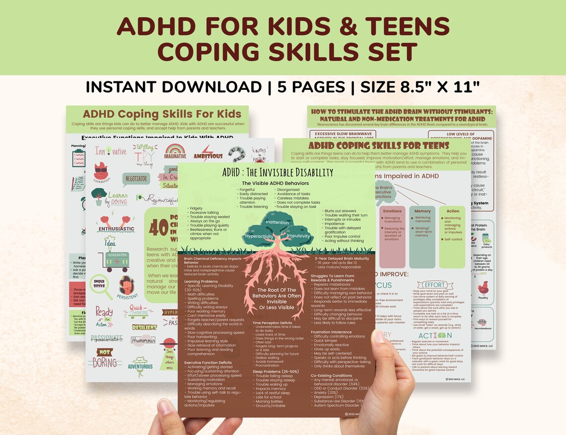ADHD Printable Handouts 5-page Mini-bundle Kids-teens-child Therapy ...