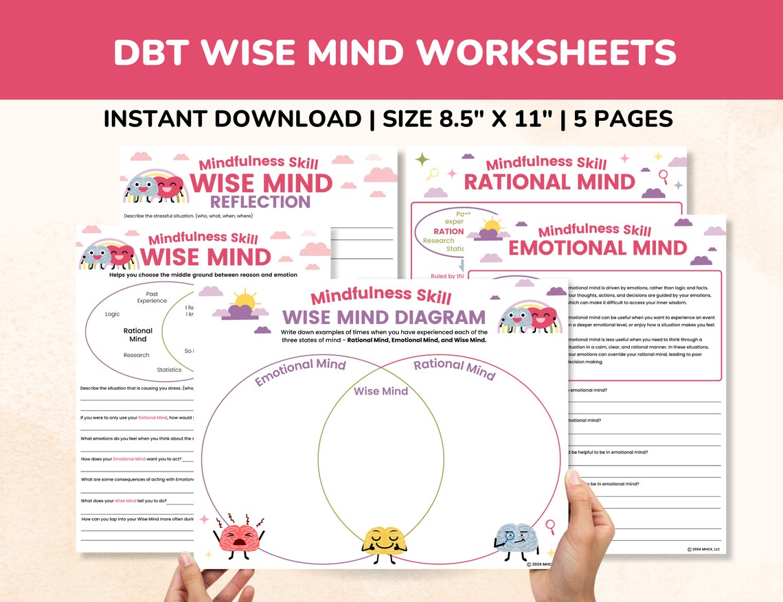 Wise Mind DBT Worksheets 5-pages-mindfulness Skills Pdf-kids-teens ...