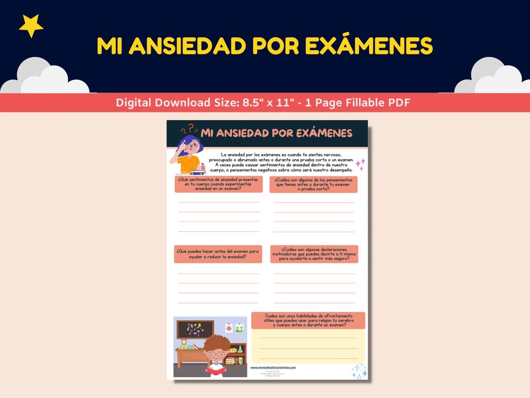 Spanish Anxiety Worksheet for Kids-teens - Mi Ansiedad Por Examenes ...