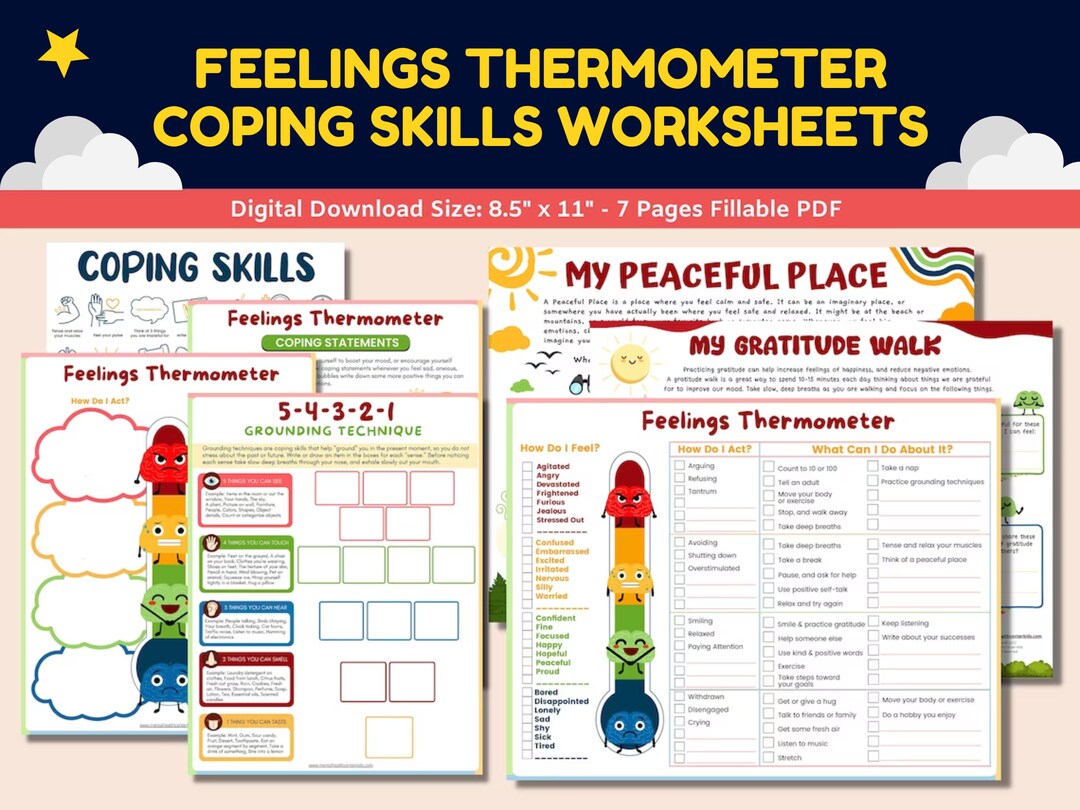 Feelings Thermometer Emotions Chart 7 Page Printable Coping Skills ...