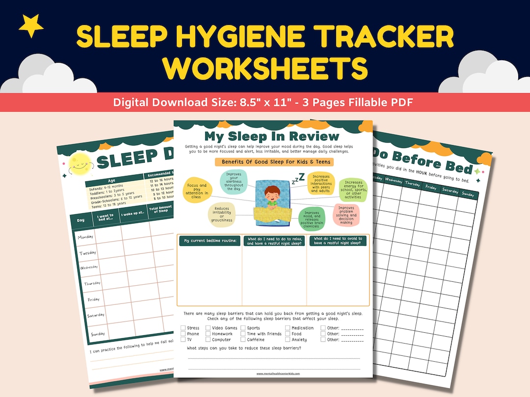 Sleep Hygiene Tracker Printable Worksheets for Kids Teens 3 Pgs-sleep ...