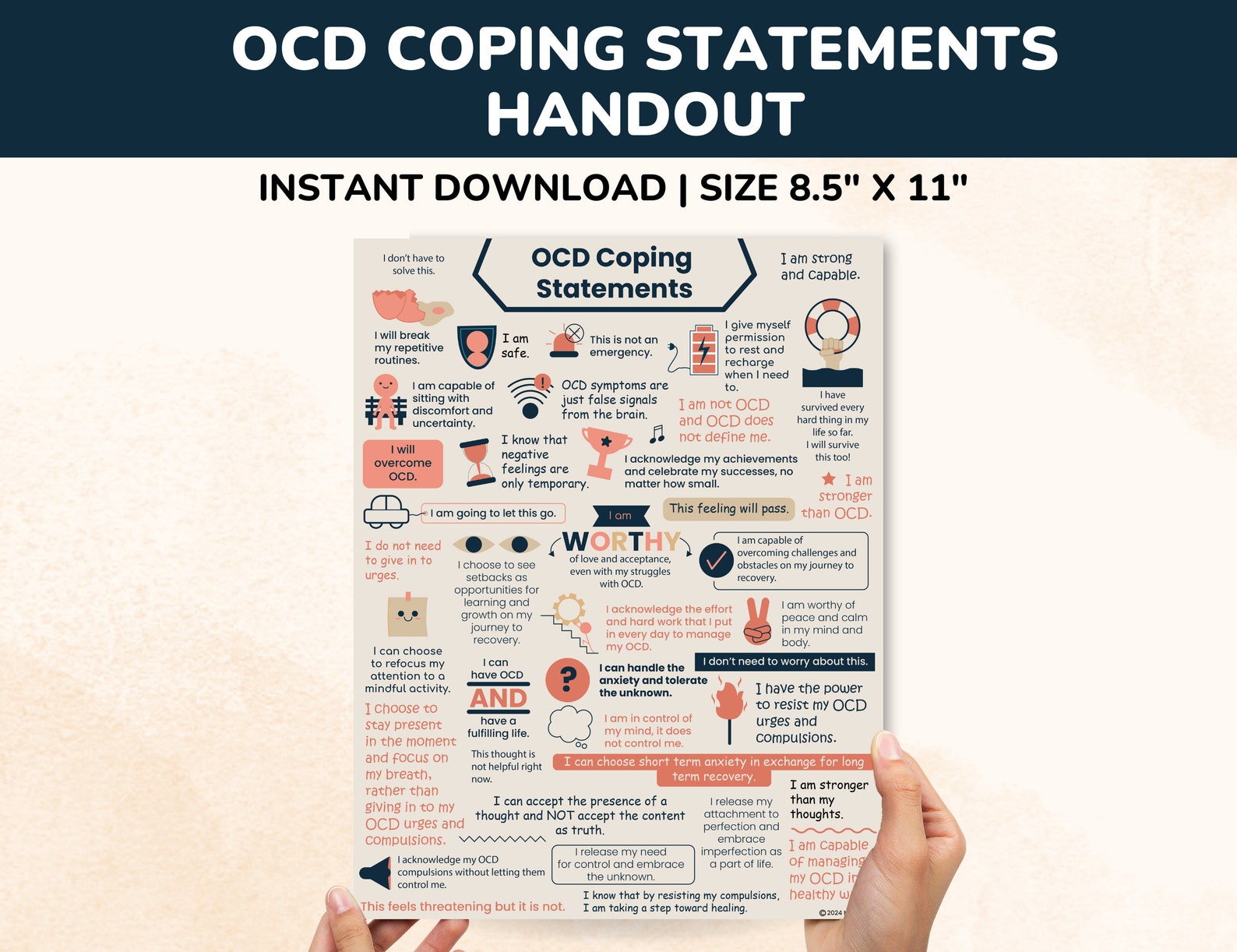 OCD Coping Statements Therapy Handout-positive Affirmations Counseling ...