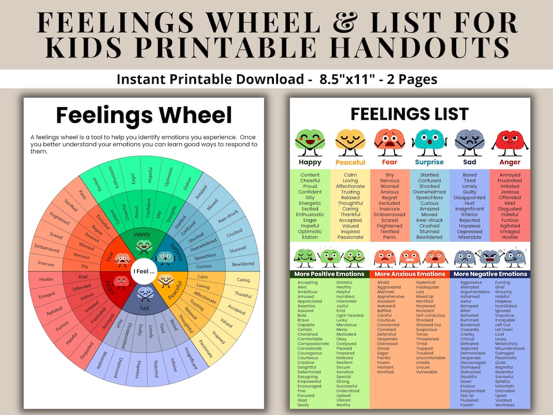 Feelings Wheel & List Emotions for Kids Printable Handouts - Etsy