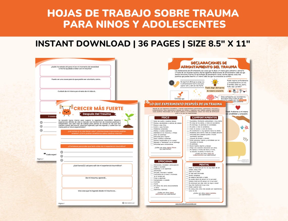 Spanish Trauma/ptsd Worksheets 20 Item Bundle for Kids-teens - Hojas De ...