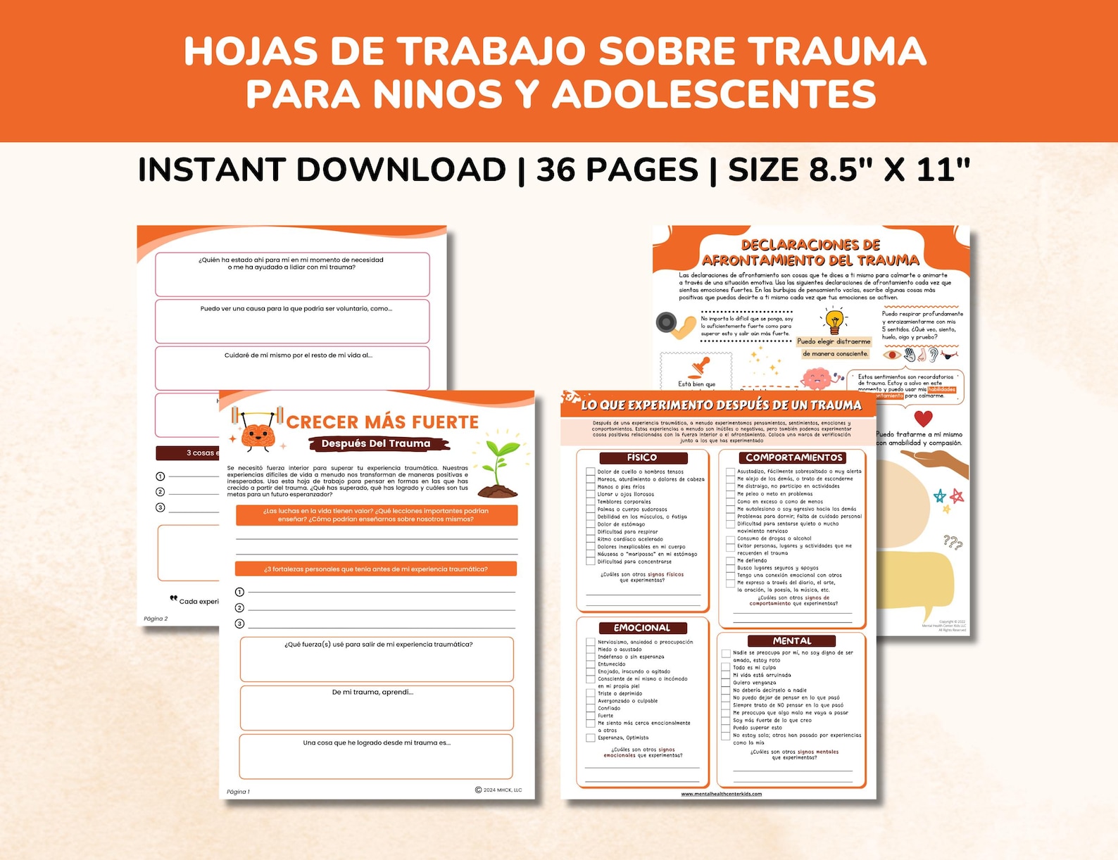 Spanish Trauma/ptsd Worksheets 20 Item Bundle for Kids-teens - Hojas De ...