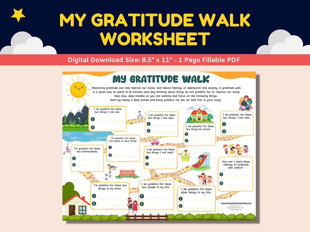 Gratitude Walk Fillable Worksheet for Kids Teens-mindfulness Activity ...